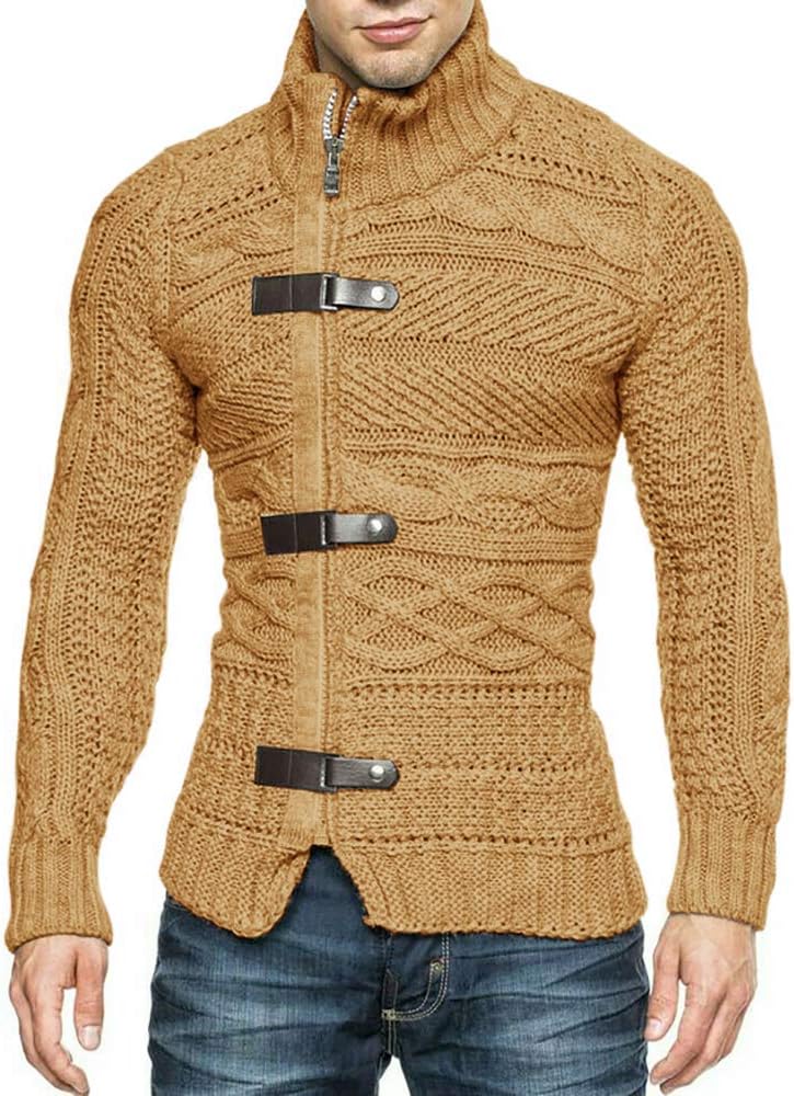 Men's Cable Knitted Oplique Zip Button Front Long Sleeve Cardigan Swea ...
