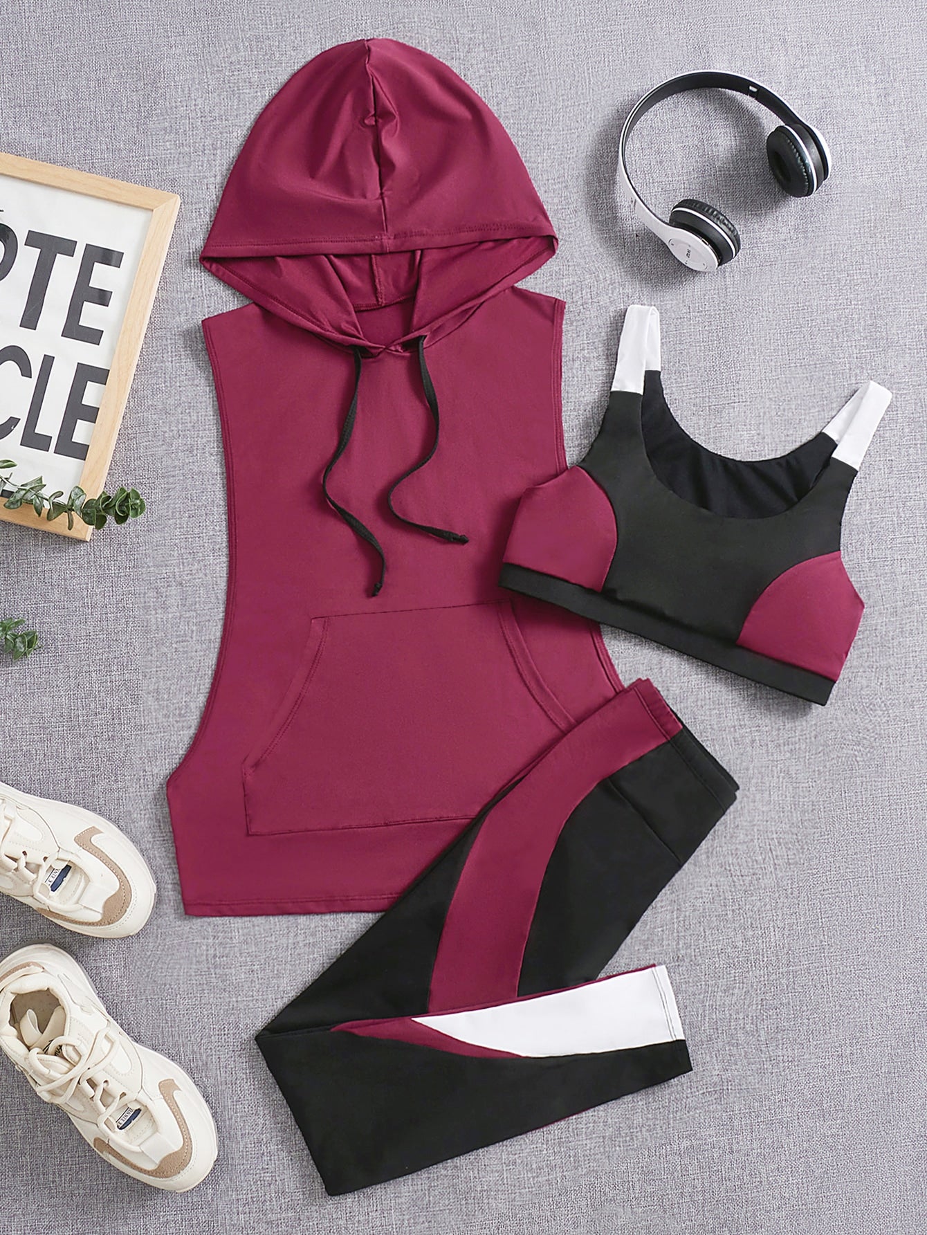 Yoga Future 3pcs Colorblock Running Set Workout Suit Drawstring Hooded ...